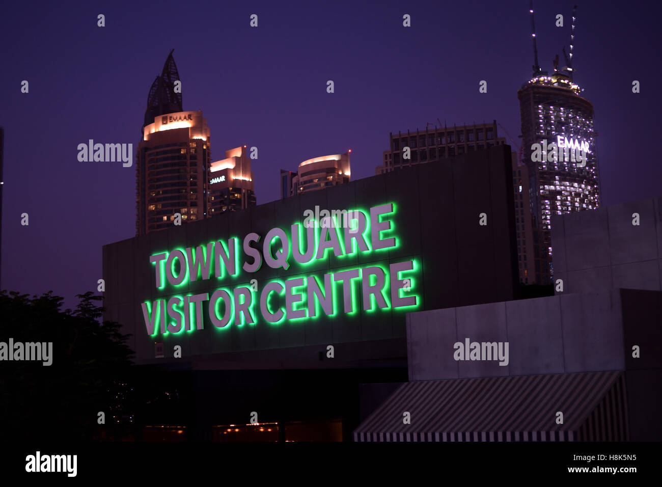 Dubai town square sign illumination Stock Photo - Alamy