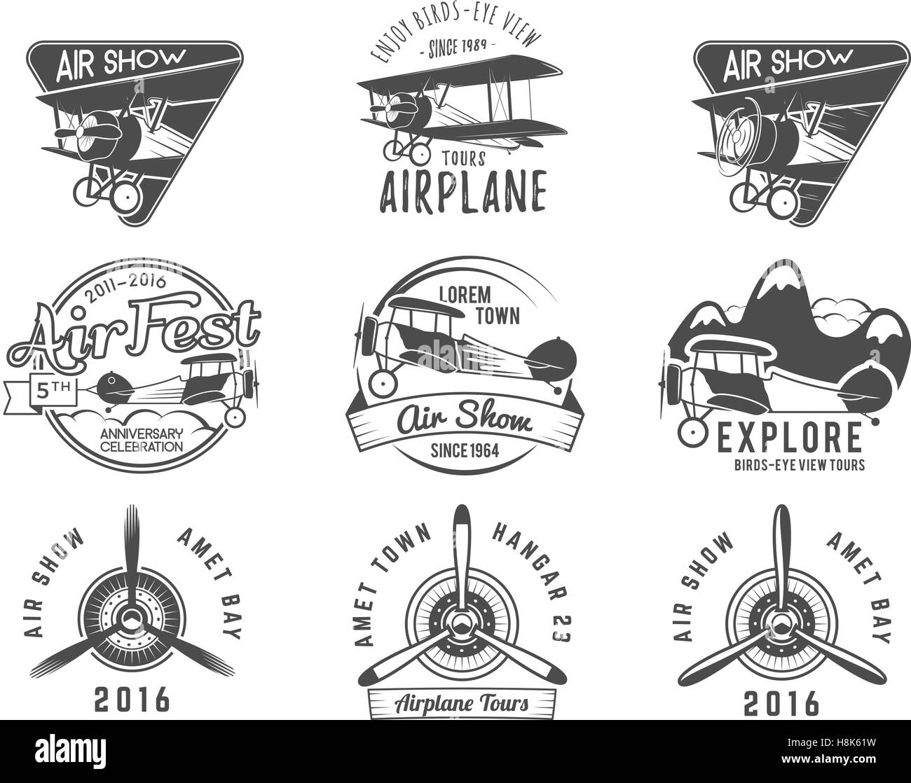 Vintage airplane emblems. Biplane labels. Retro Plane badges and design ...