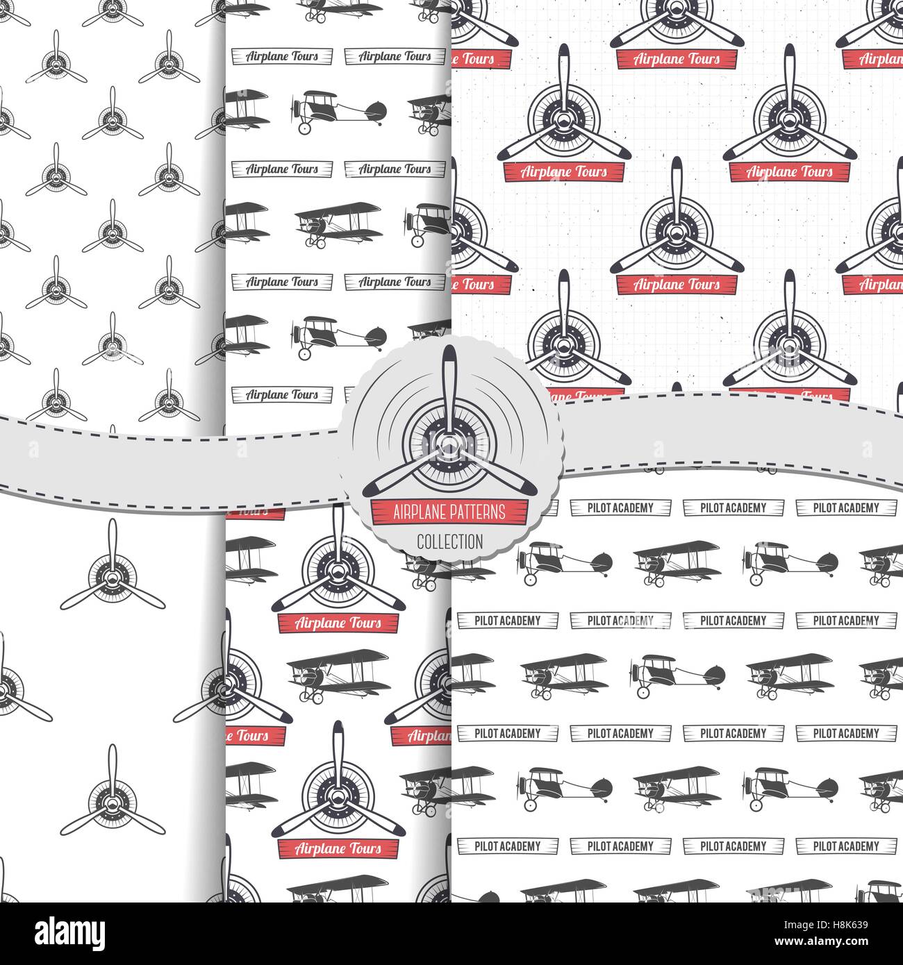 Vintage airplane patterns set. Biplane seamless backgrounds. Retro ...