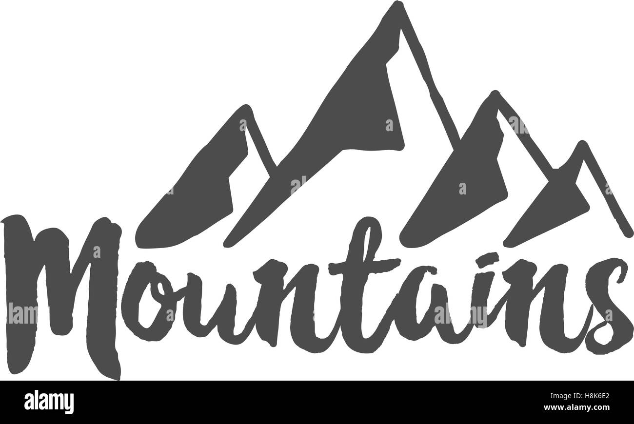 Hand drawn mountain badge. Wilderness old style typography label ...