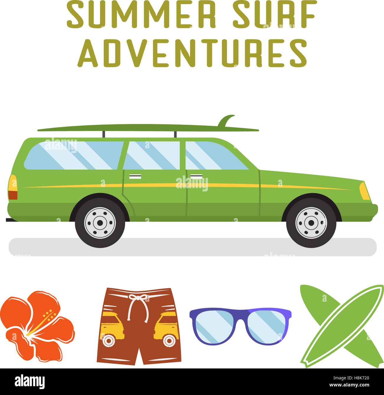 Vector retro flat surf car design and elements - surfboards, glasses ...