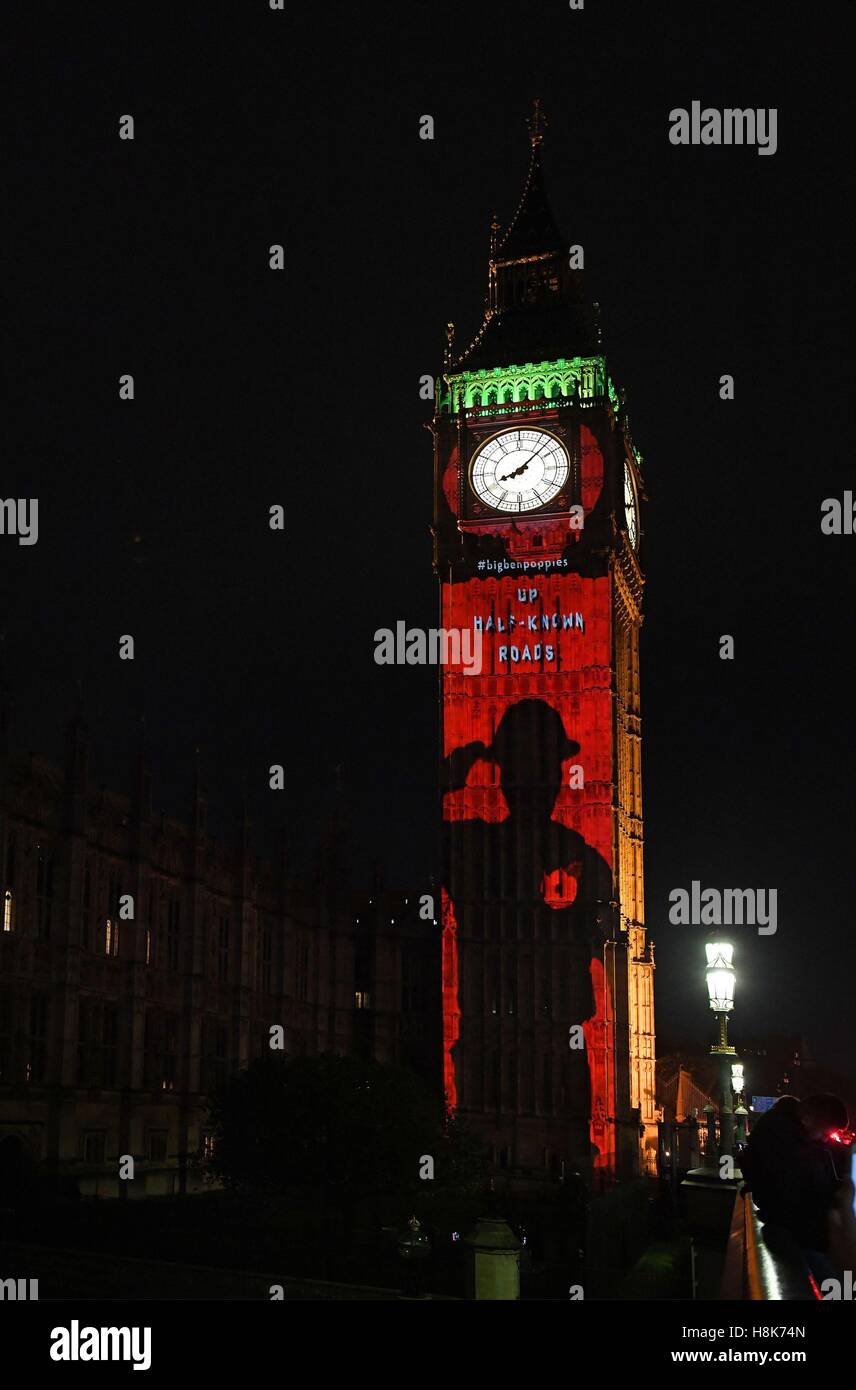 War poem 'The Send Off' by Wilfred Owen is projected onto Elizabeth ...