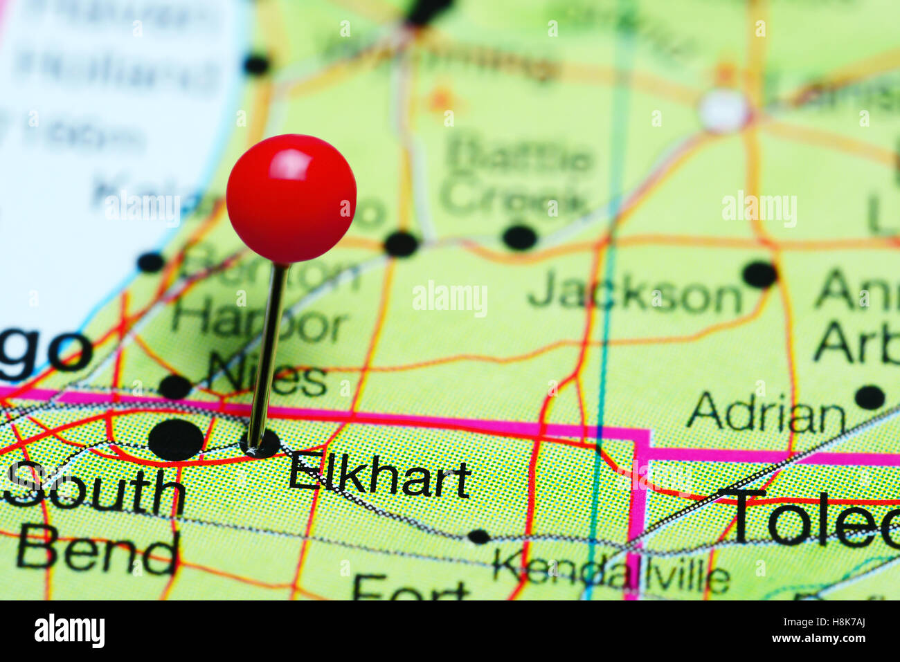 Elkhart pinned on a map of Indiana, USA Stock Photo - Alamy