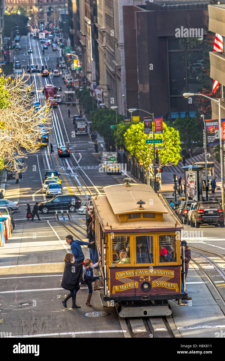 SAN FRANCISCO, USA - DECEMBER 16: Passengers enjoy a ride in a cable ...