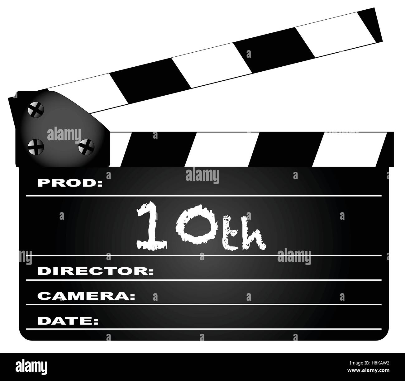 A typical movie clapperboard with the legend 10th isolated on white ...
