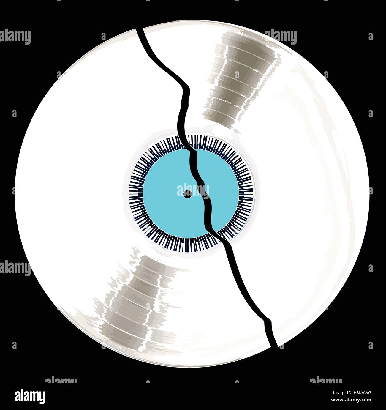 A broken LP white vinyl record with label and a circle of piano keys ...