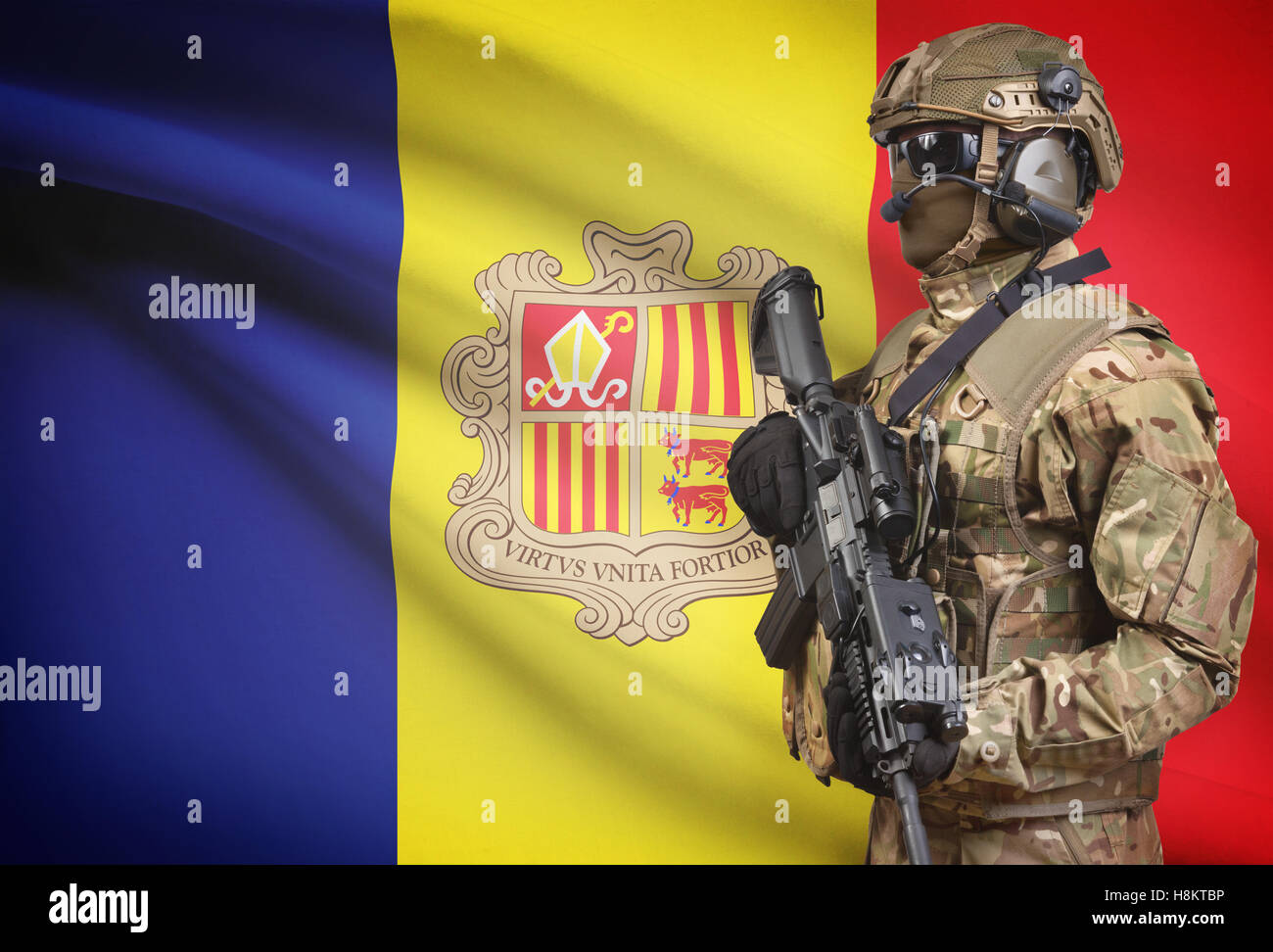 Soldier in helmet holding machine gun with national flag on background ...