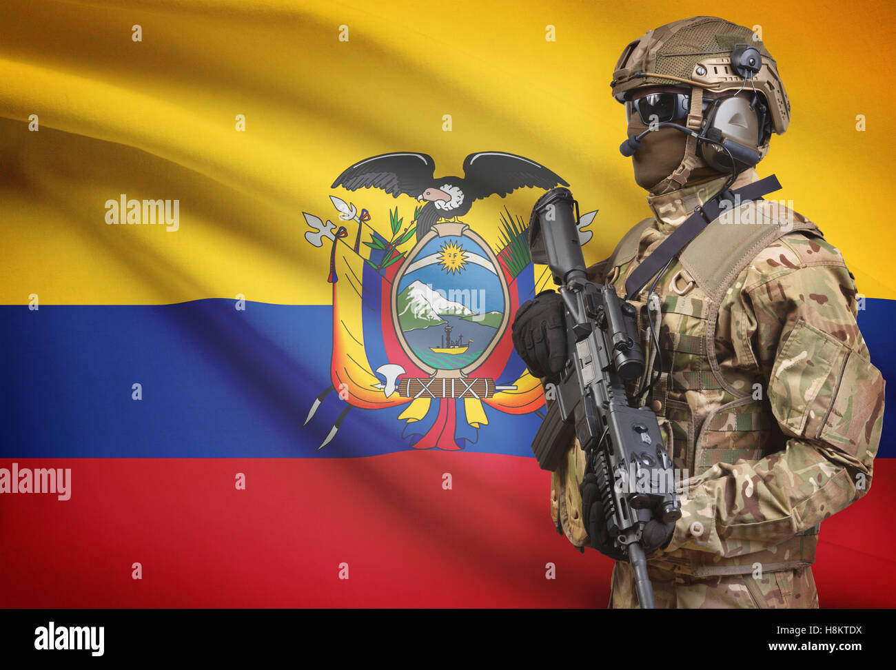 Soldier in helmet holding machine gun with national flag on background ...