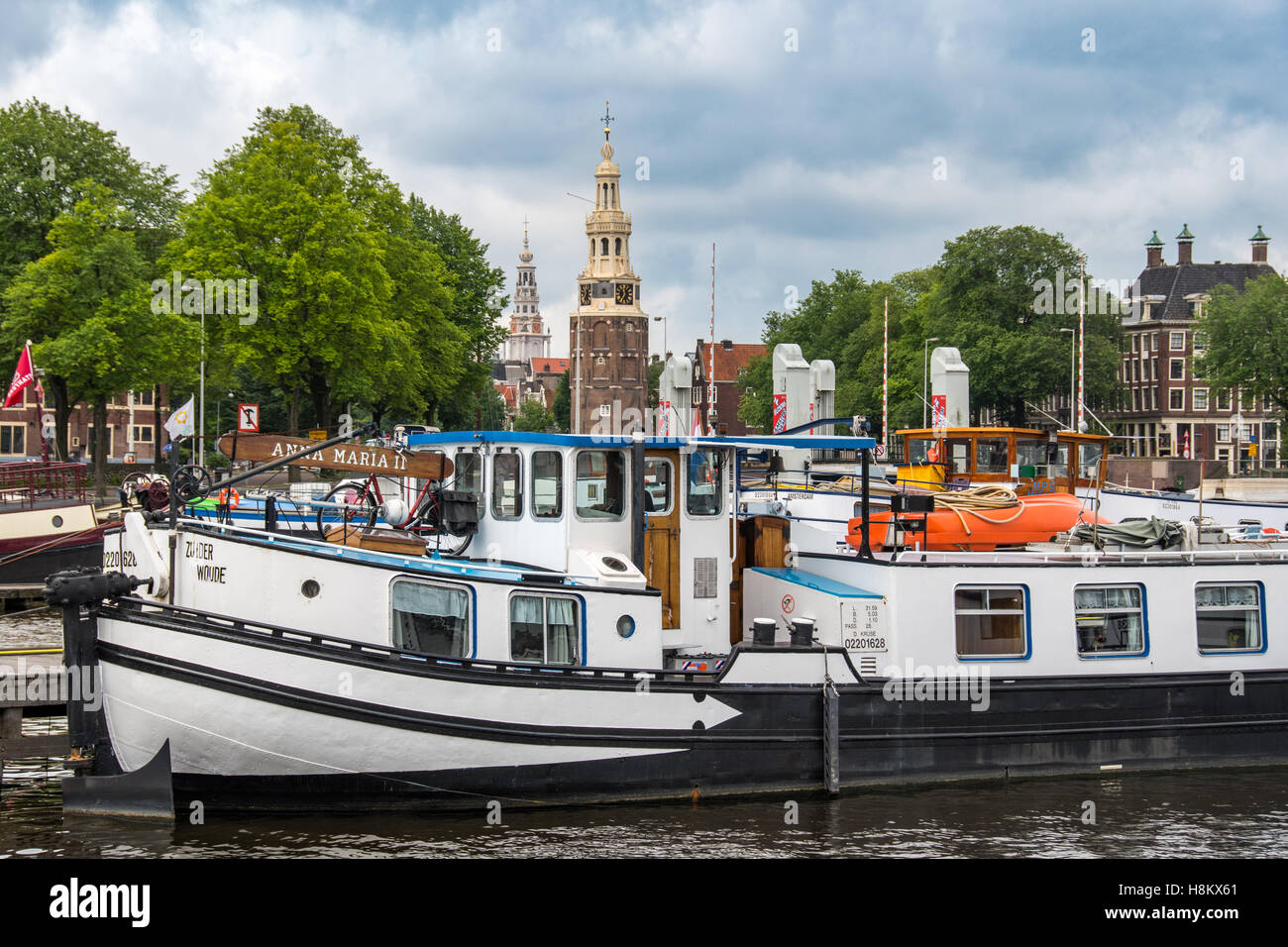 Amsterdam, Netherlands waterfront view of a boat docked in the harbor ...