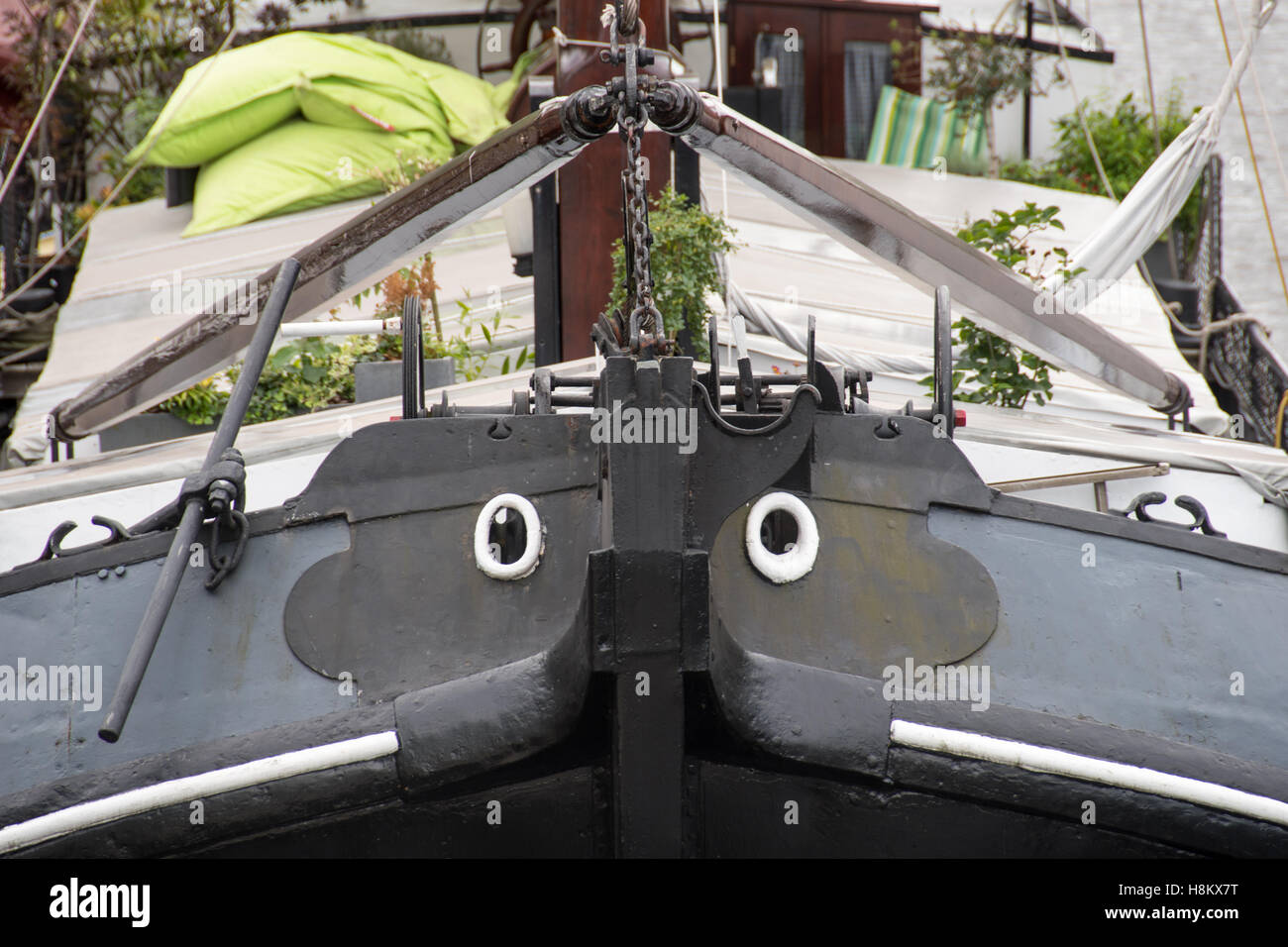 Amsterdam, Netherlands close up of the bow of a boat docked in the ...