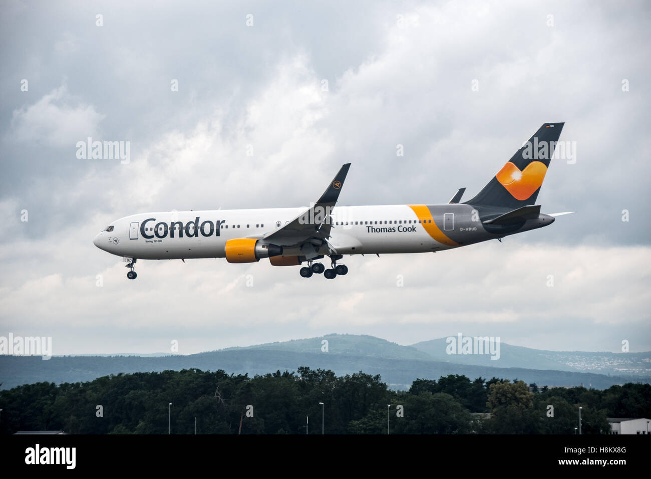 Frankfurt, Germany- An air plane in flight traveling out of the ...