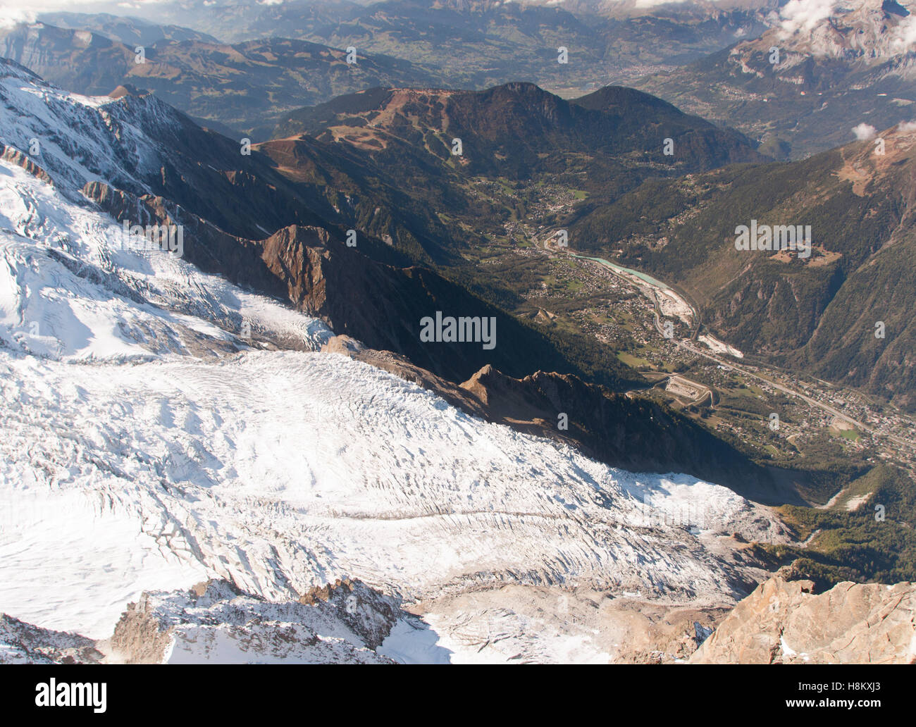 Bossons Glacier and the Arve valley as viewed from the Aiguille du Midi ...