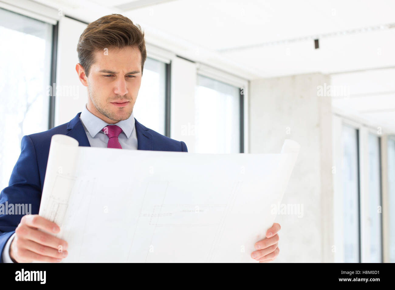 Confident young businessman reading blueprint in new office Stock Photo ...