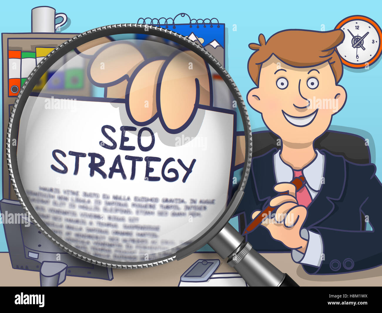 SEO Strategy through Magnifier. Doodle Concept Stock Photo - Alamy
