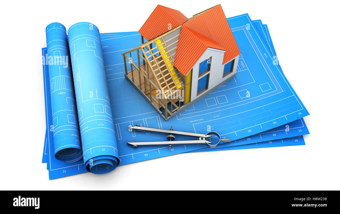 3d illustration of frame house design and structure over blueprints ...
