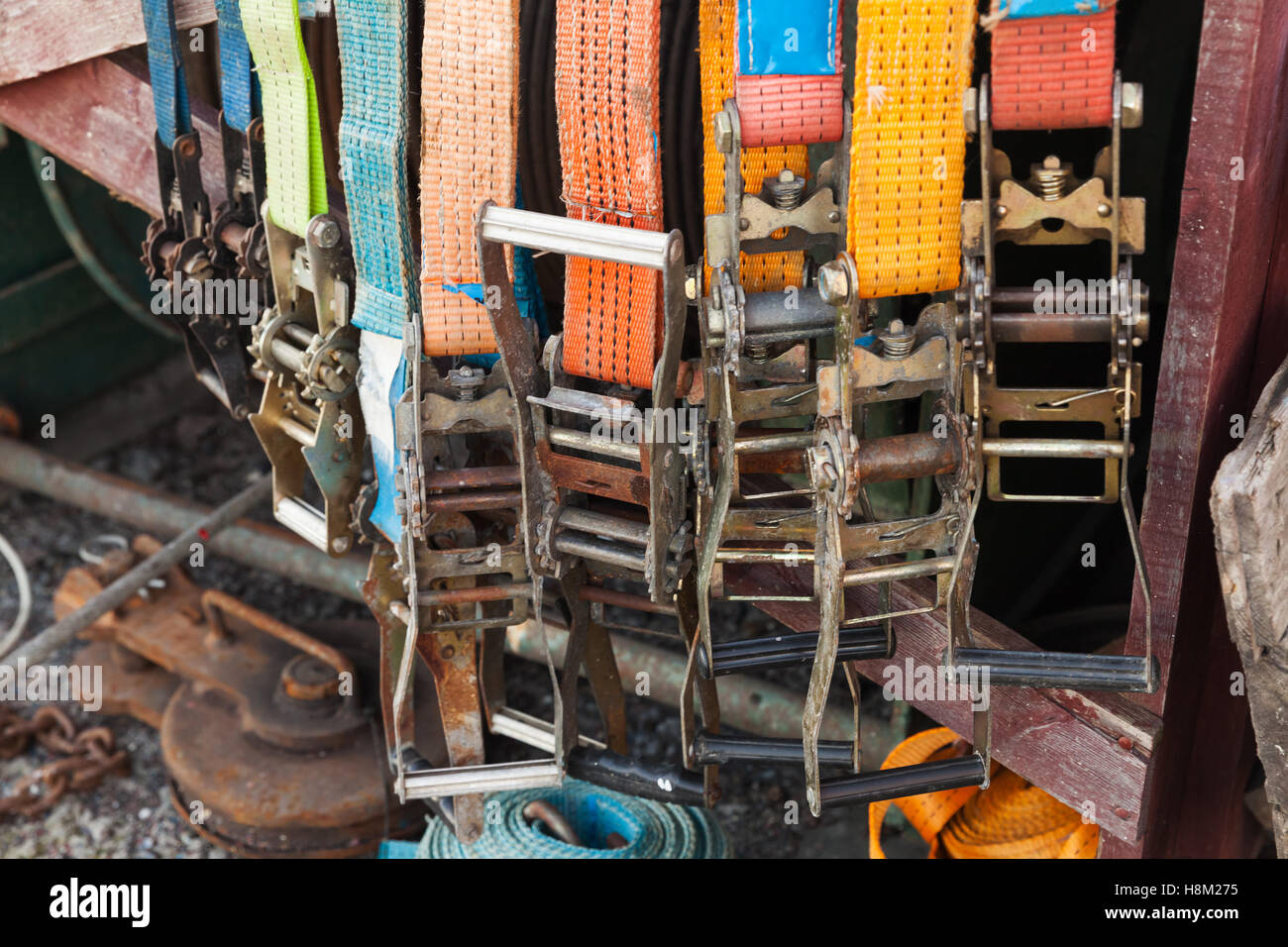Group of colorful slings with steel buckles Stock Photo - Alamy