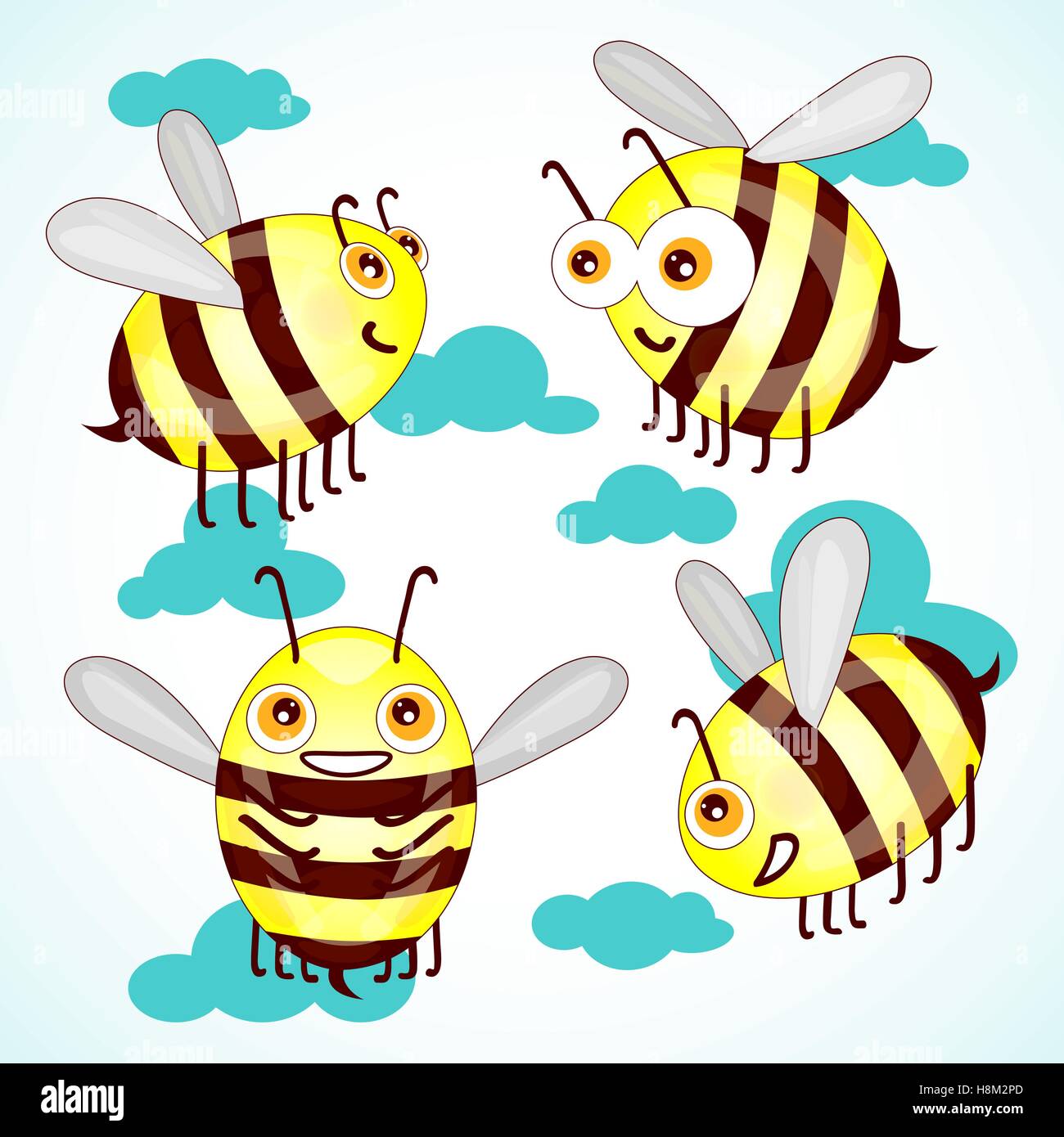 Set cartoon cute bees on sky with clouds vector illustration Stock ...