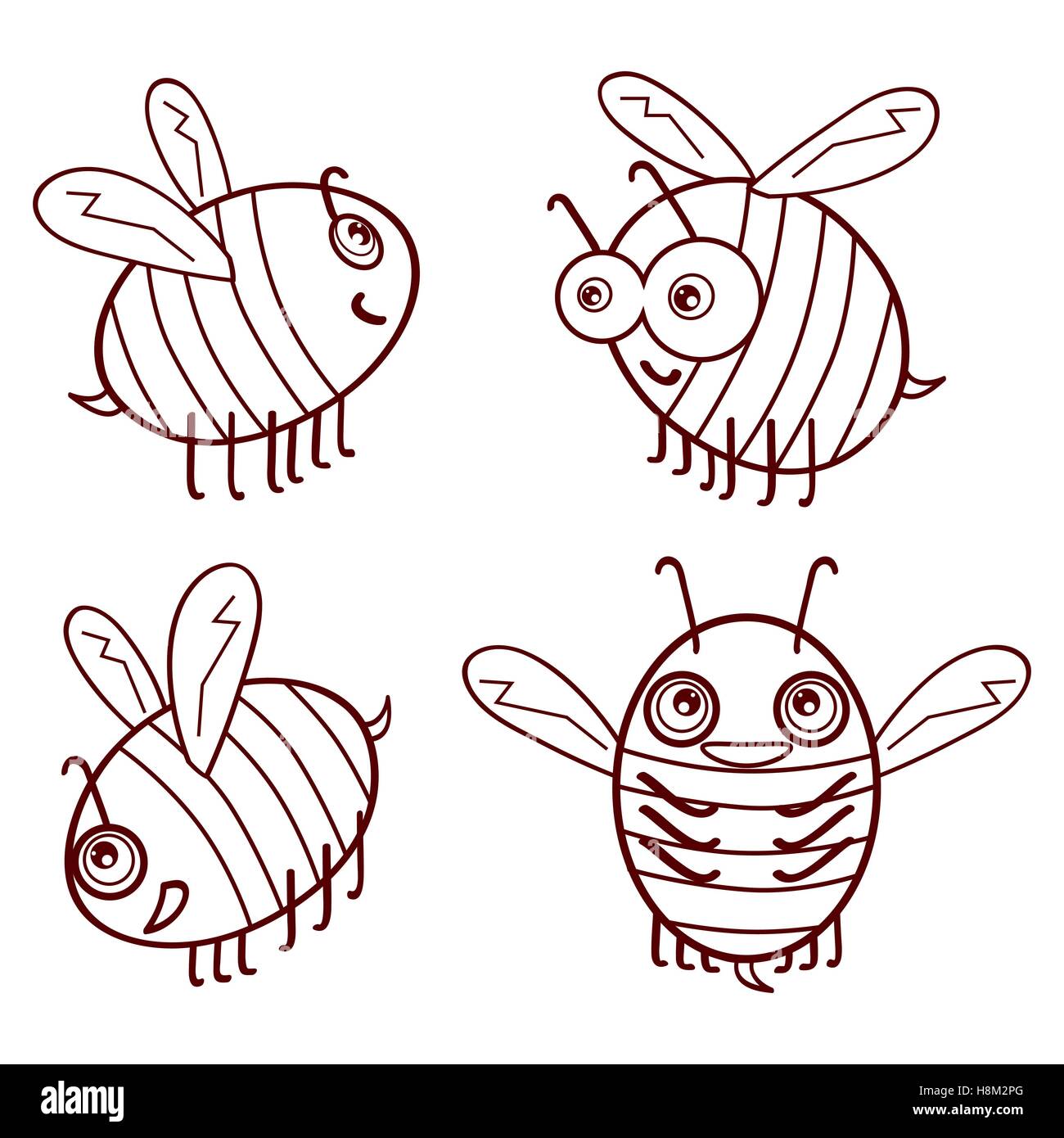 Set cartoon outline cute bees isolated on white background vector ...