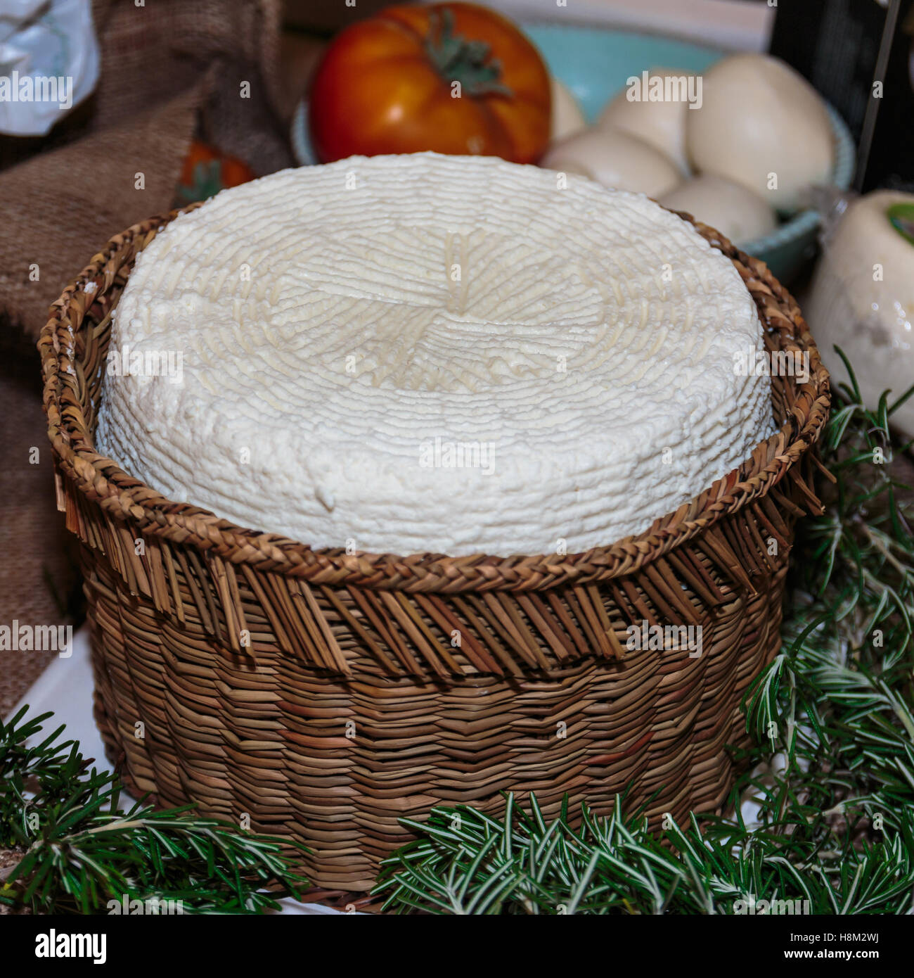 Soft White Italian Cheese, Ricotta in Circular Wicker Box Stock Photo ...