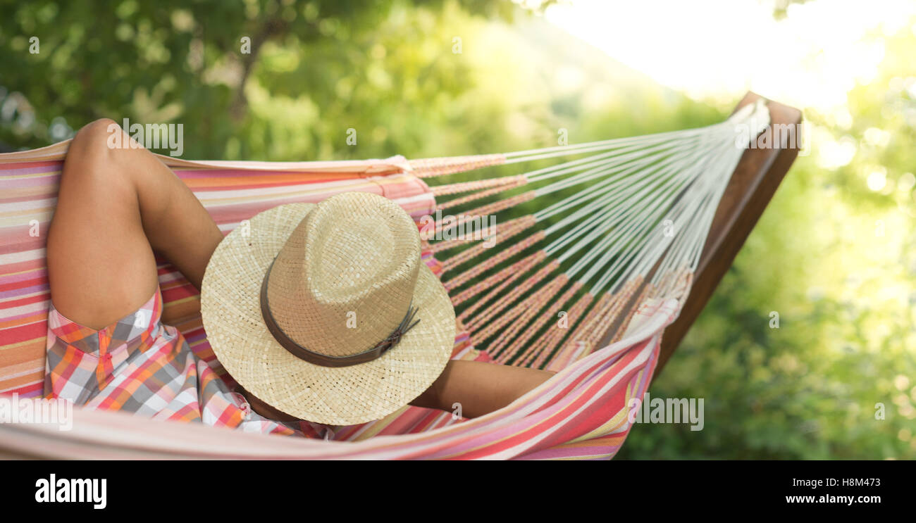 Man Sleeping and Relaxing With hat on face In Hammock, France Stock ...
