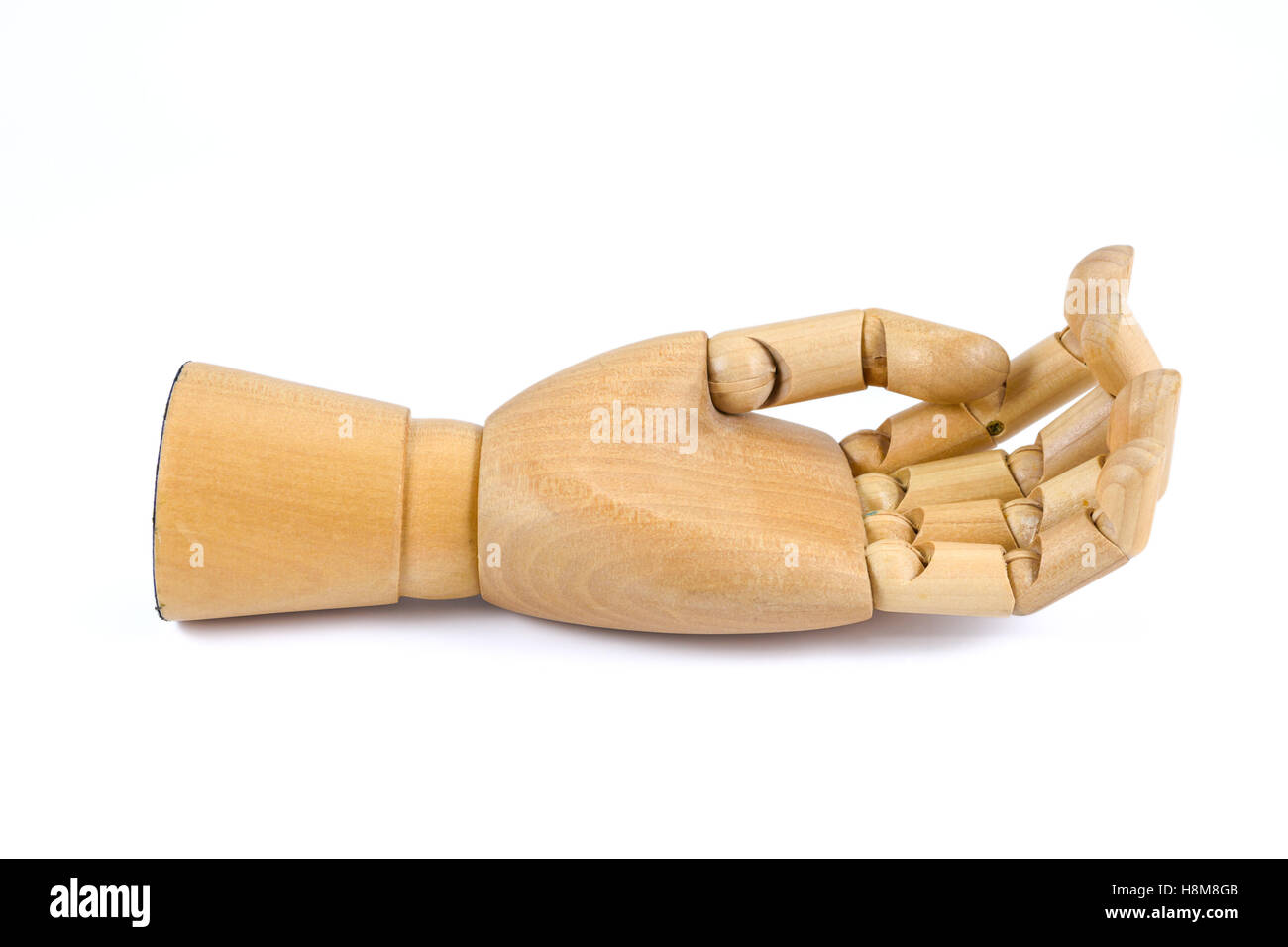 wooden hand upturned hands isolated on white background Stock Photo - Alamy