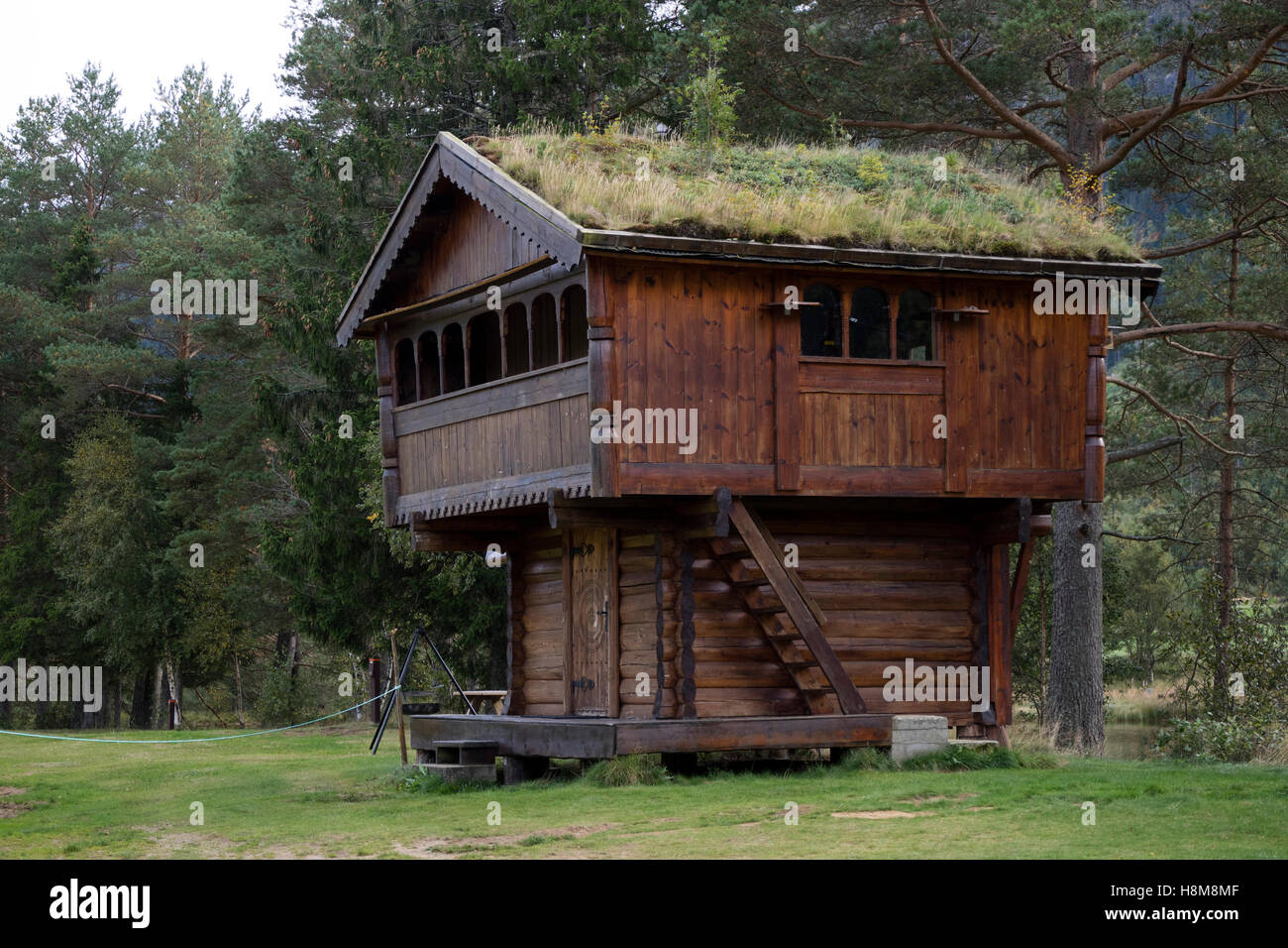 Grass-roofed shed, old-fashioned food storage house at Valle in the ...