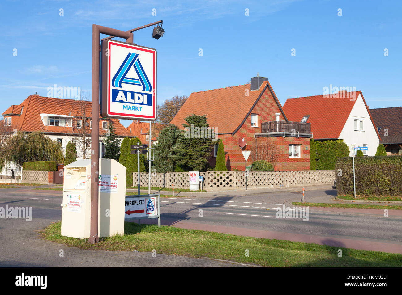 BURG / GERMANY - NOVEMBER 13, 2016: Aldi sign against blue sky. Aldi is ...