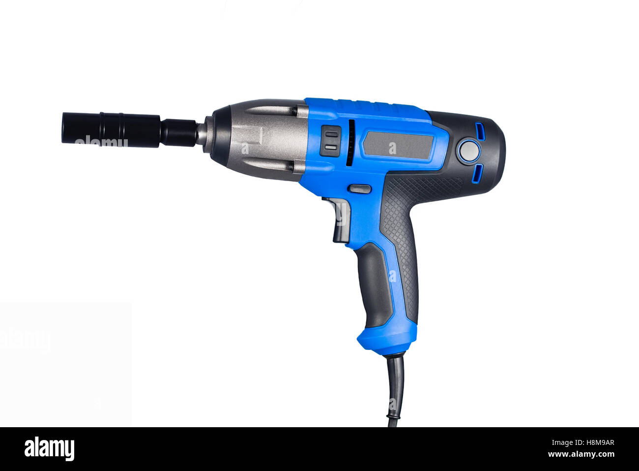 Blue impact gun with socket side view isolated on white background ...