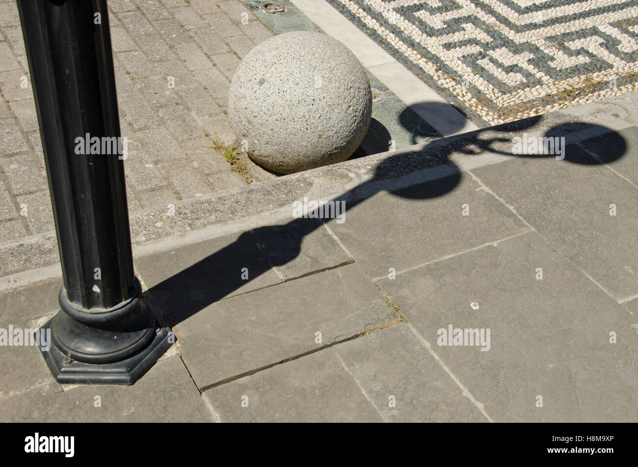 Vintage street lamp shadow on sidewalk, Rhodes island, Greece Stock ...