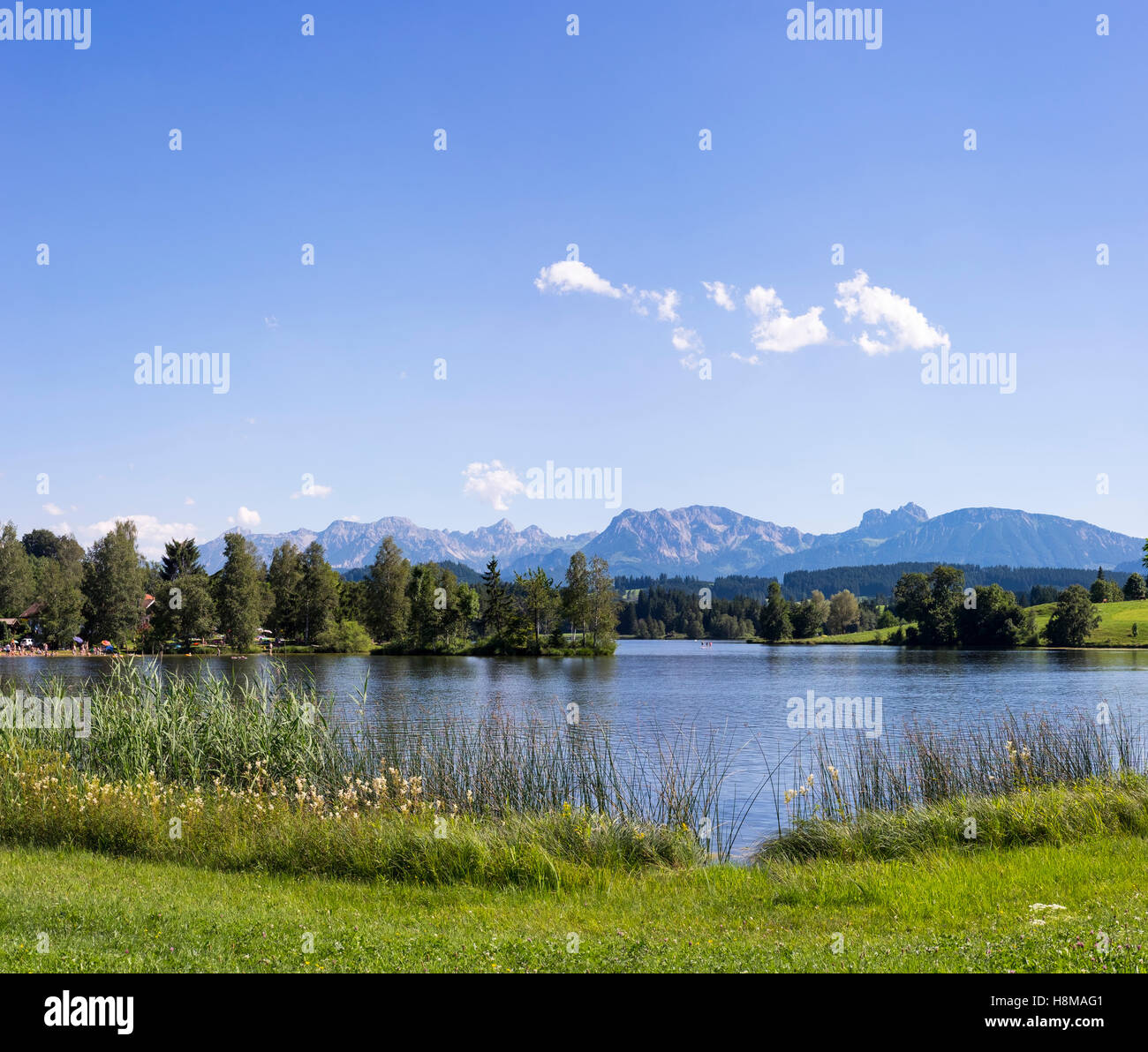 Schwaltenweiher, reservoir lake, Seeg, Brentenjoch and Aggenstein ...