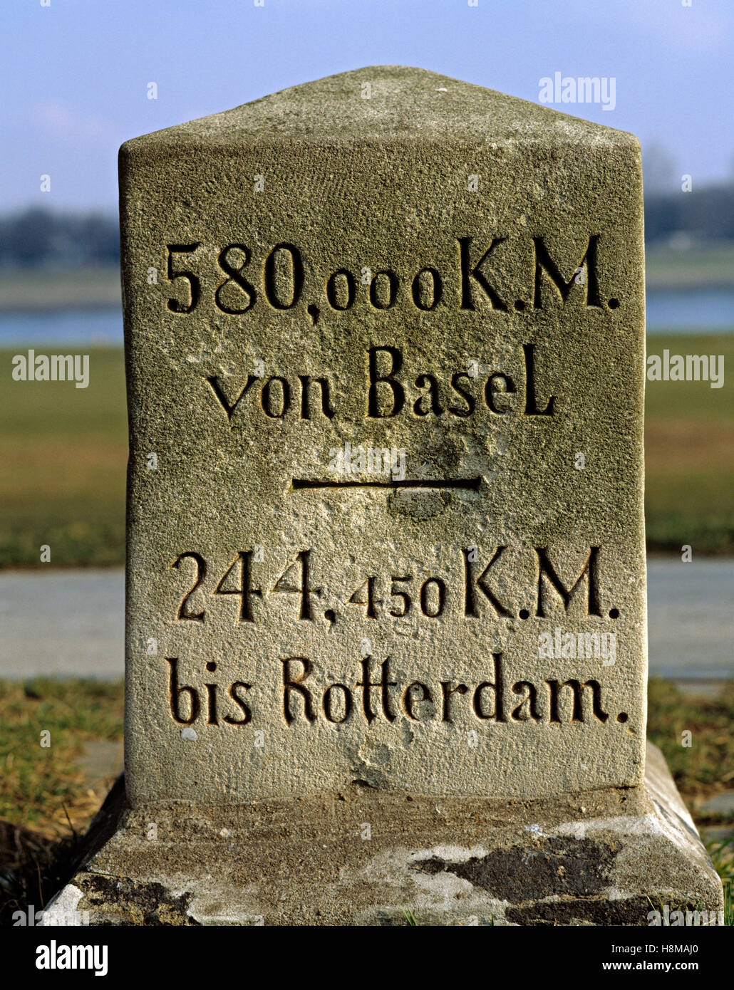 Myriameter stone, shows the length of the Rhine river, on Rhine Dyke at ...