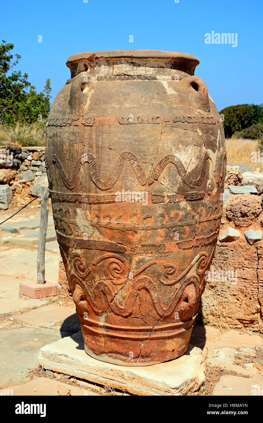 Ancient large decorated terracotta pot at the Minoan Malia ruins ...
