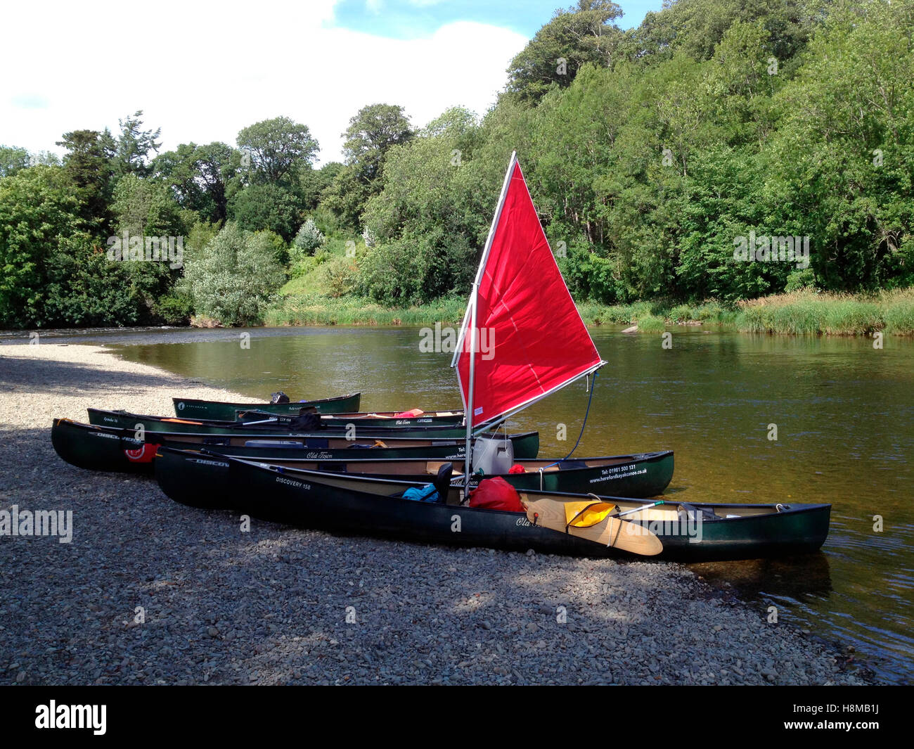 River Wye canoes landing at The Warren Hay-on-Wye Powys Wales UK Stock ...