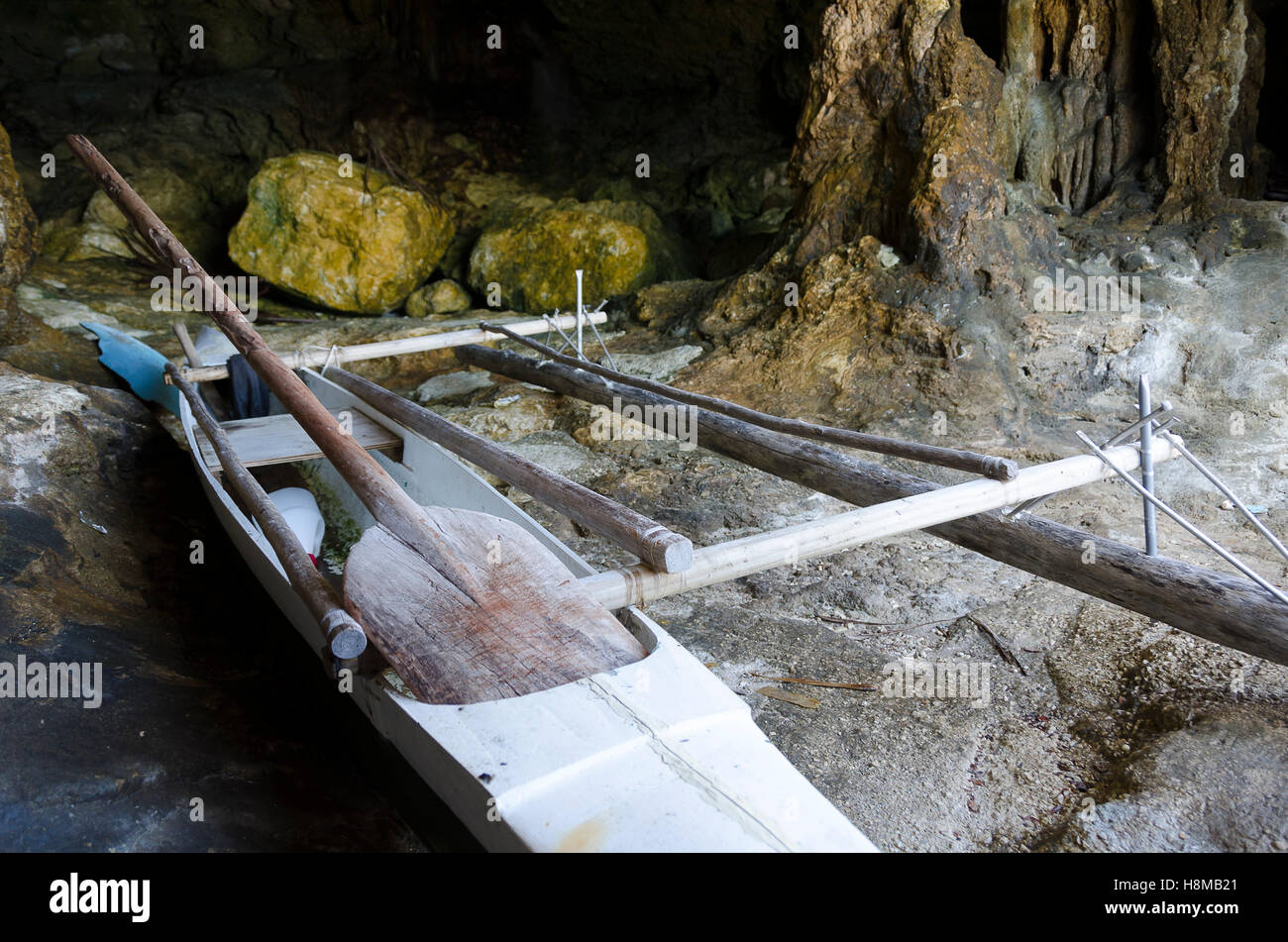 Polynesian Outrigger Canoe in cave at Uluvehu, Niue, South Pacific ...
