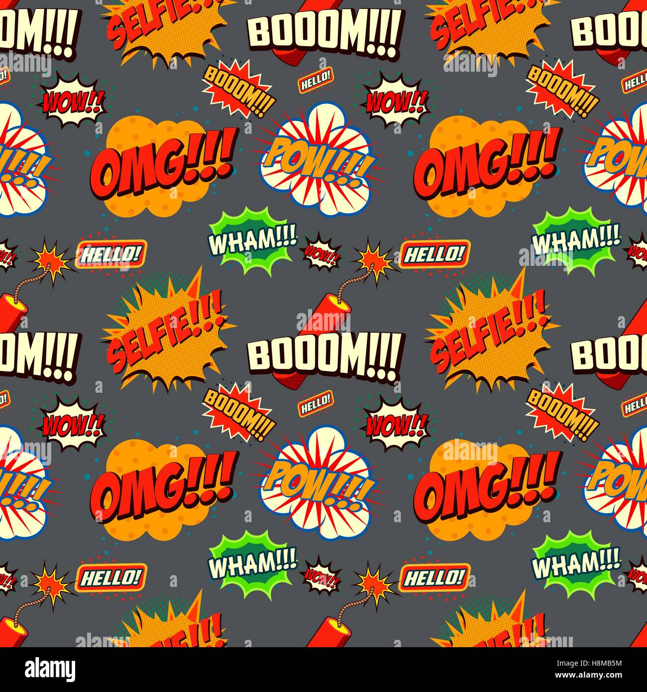 Seamless pattern from comic style phrases on colorful background Stock ...