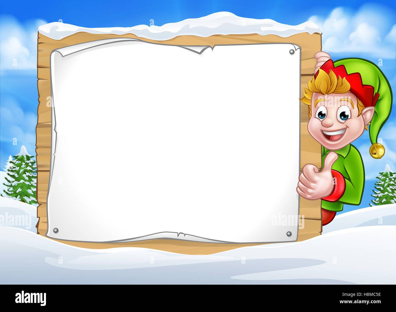 Christmas elf cartoon character in winter snow scene landscape peeking ...