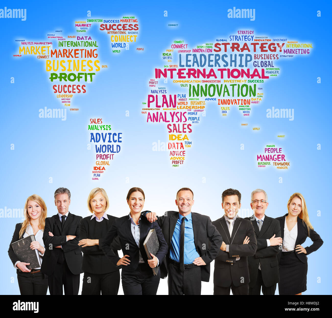 International corporate team and world map with business word concepts ...