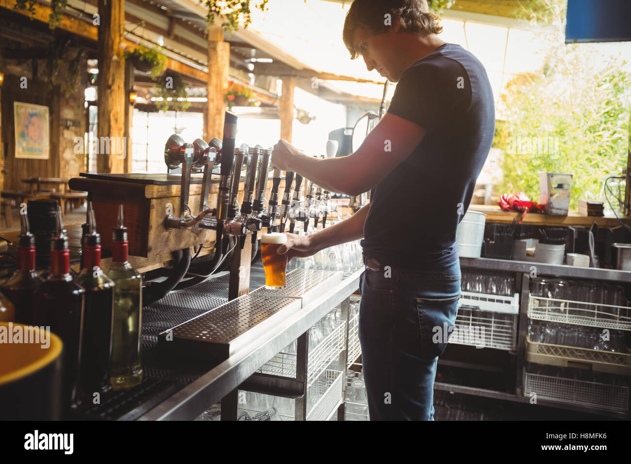 Bar tender filling beer from bar pump Stock Photo - Alamy