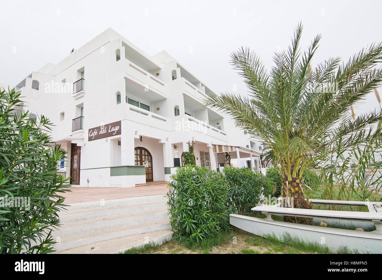 Cafe del Lago La Savina closed restaurant and palm tree on an overcast ...