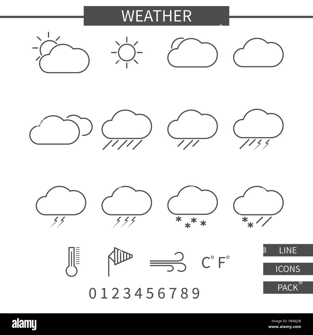 Weather line icons set. Monochrome thin line elements isolate on white ...