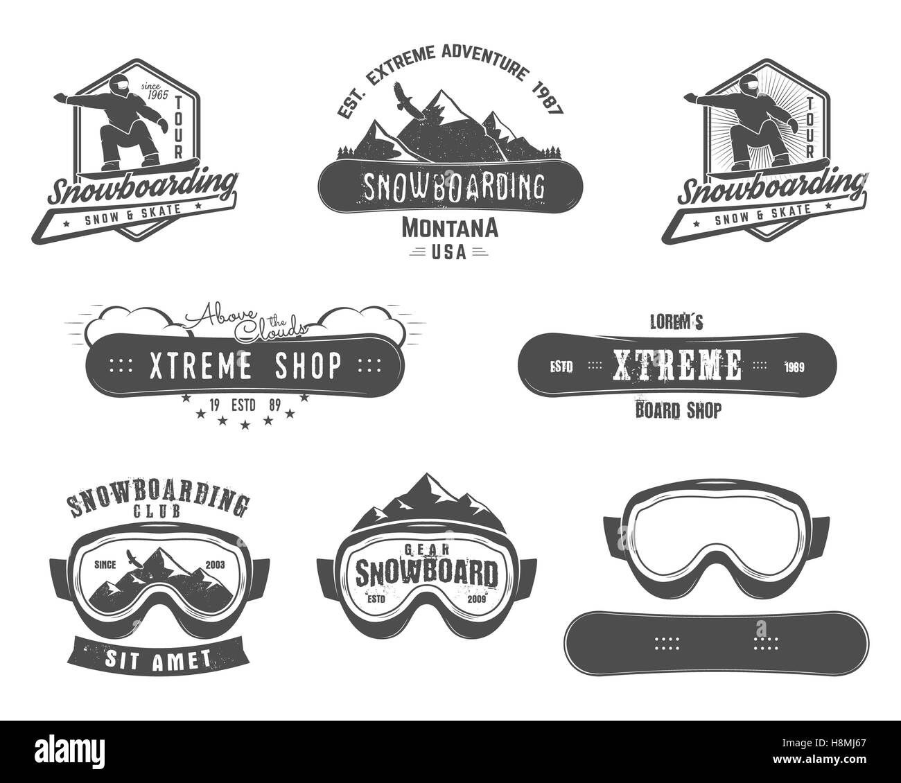 Set of Snowboarding extreme logo and label templates. Winter snowboard ...