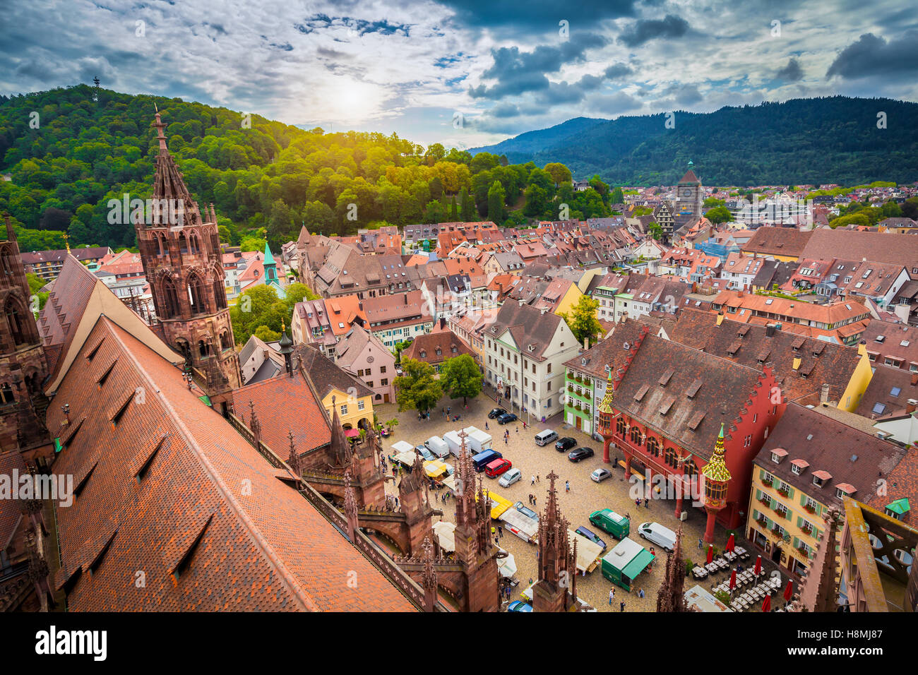 Aerial view of the historic city center of Freiburg im Breisgau from ...