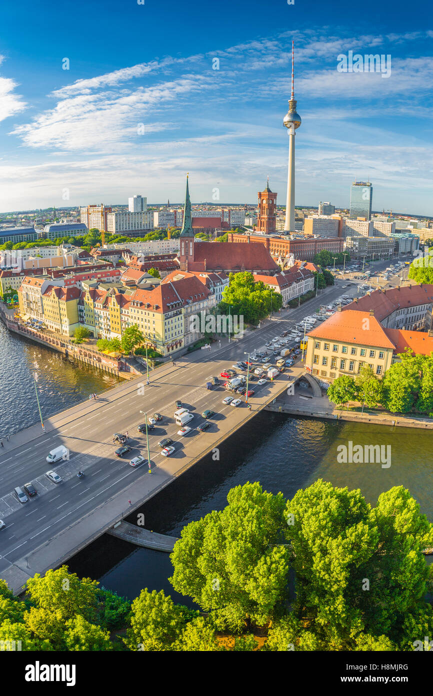 Aerial vertical view of Berlin skyline with famous TV tower and Spree ...