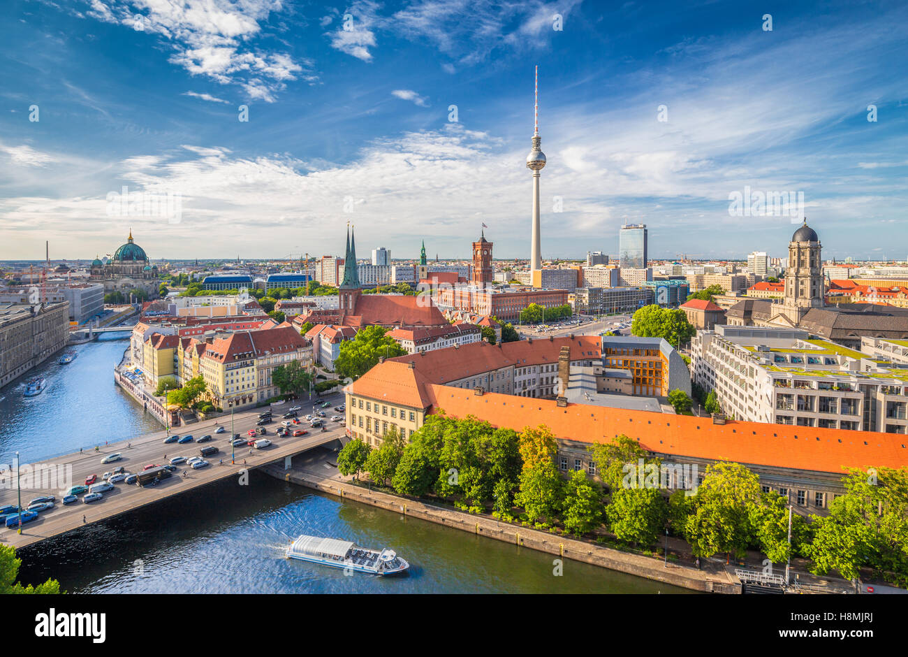 Aerial view of Berlin skyline with famous TV tower and Spree river on a ...