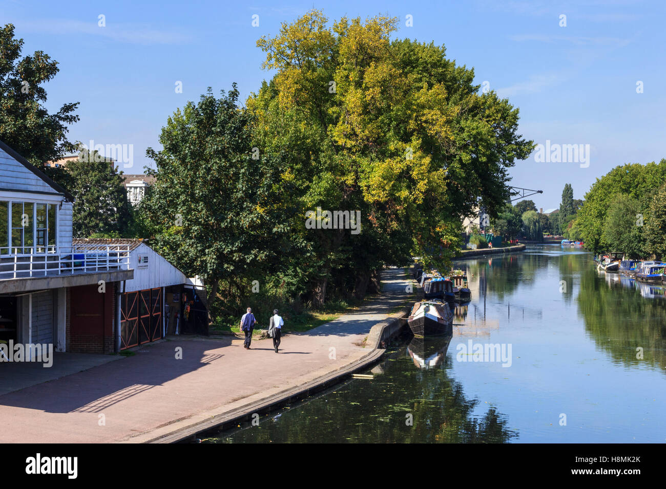 View upriver of the River Lea at Upper Clapton, London, UK, the Lea ...