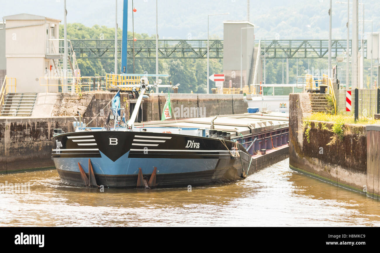 Barge negotiating a lock on the Main River, Germany Stock Photo - Alamy