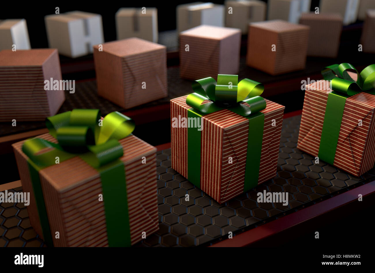 A 3D render of a production line of Christmas gift boxes in varying ...
