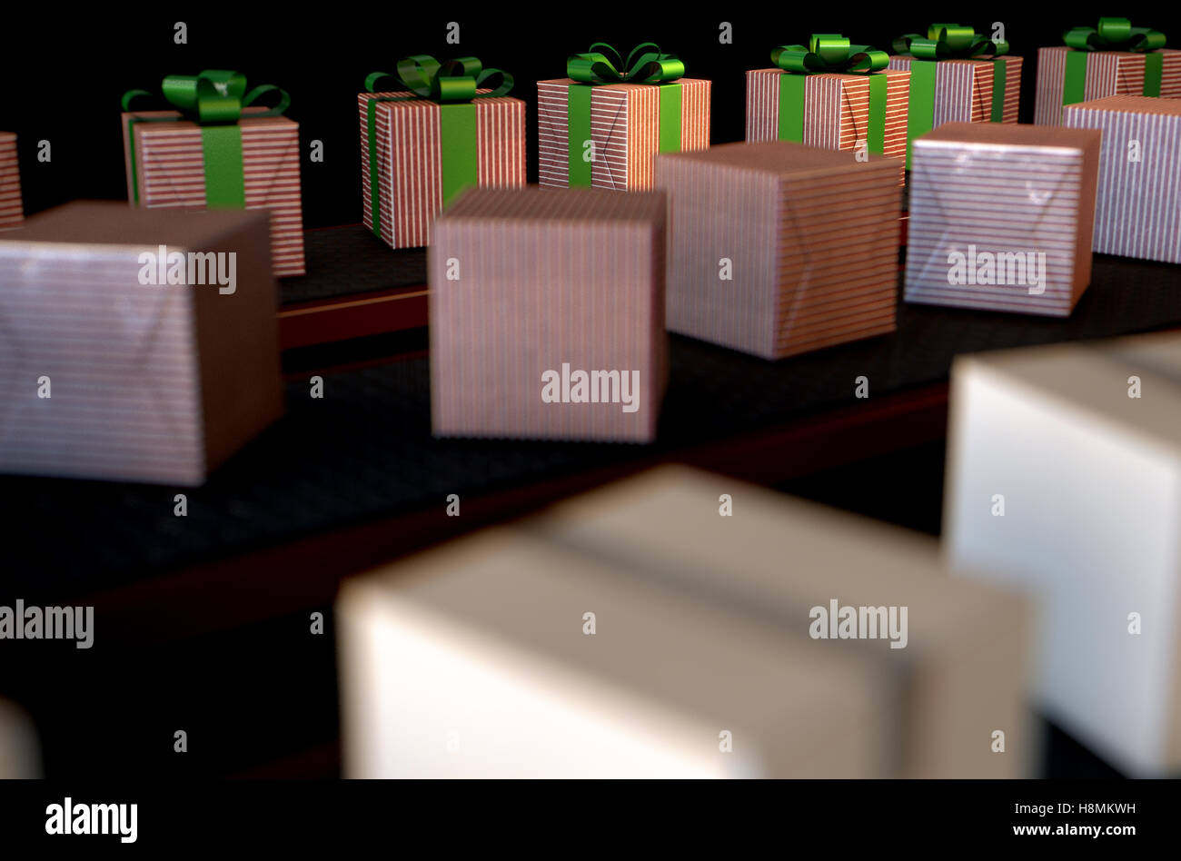 A 3D render of a production line of Christmas gift boxes in varying ...