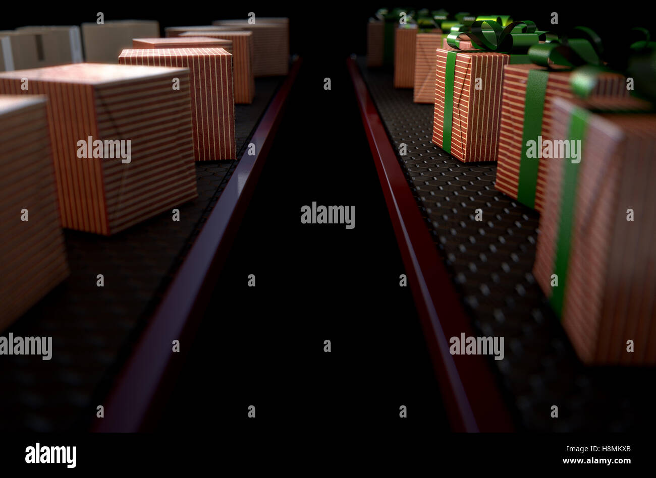 A 3D render of a production line of Christmas gift boxes in varying ...