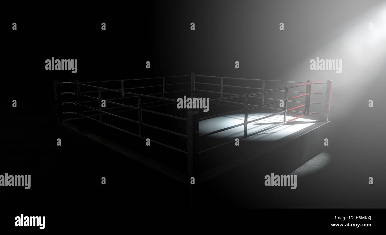 A 3D render of a modern boxing ring with a blue and red area spotlit ...